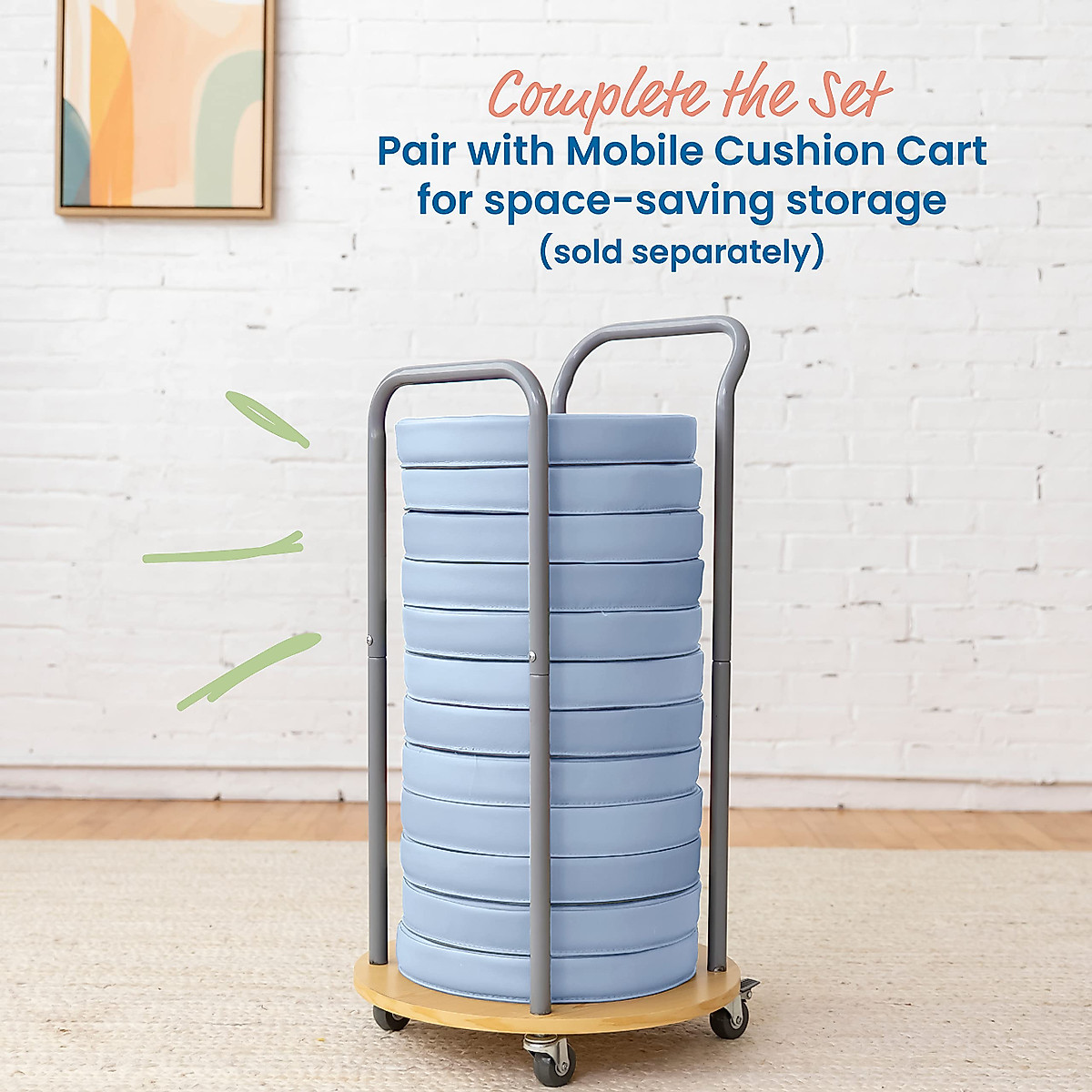 ECR4Kids SoftZone Floor Cushions with Handles, 2" Deluxe Foam, Round, Powder Blue, (6-Pack)