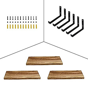 ROBOPOWER Wooden Floating Shelves Wall Mounted 3 Packs Wood Shelves with L Iron Brackets Shelves for Home Decor Bedroom, Living Room, Bathroom, Kitchen, Office(Hook-Up, Light Brown)