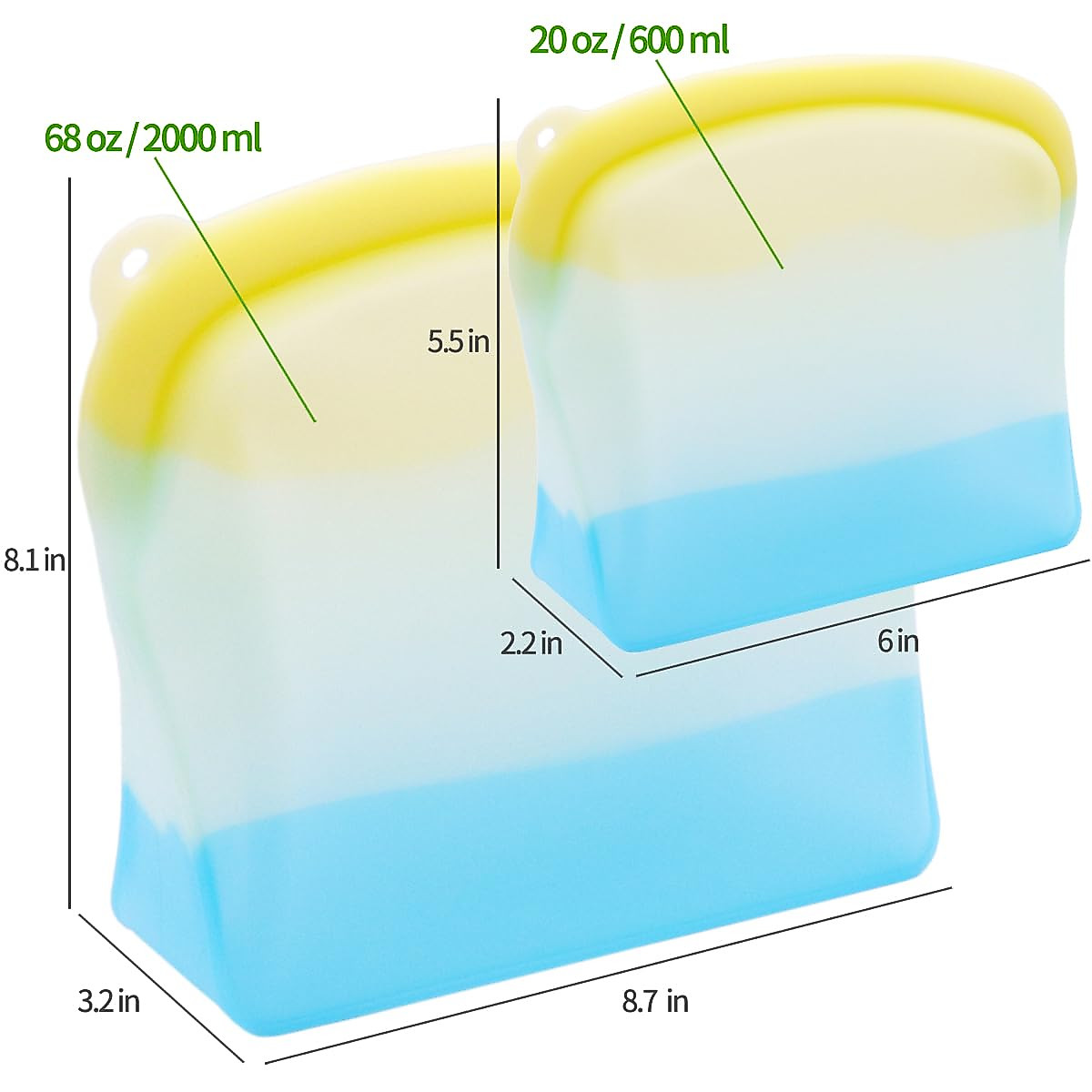 FUSMYE 2 Pack Extra Large Pure Silicone Food Storage Bags, 68oz, Stand Up Reusable Food Storage Containers, Ideal for Kitchen Camping, Microwave Freezer Dishwasher Safe, Leak-free