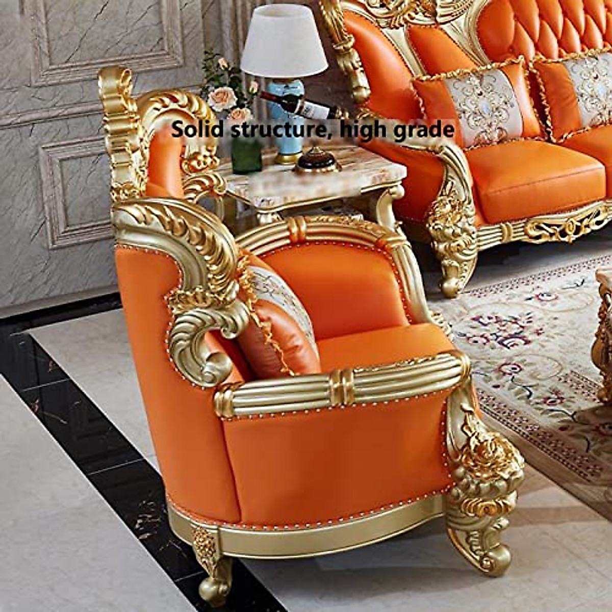 DEKIST Solid Wood Leather Sofa, European-Style Villa Living Room Luxury Leather Sofa, Mansion Solid Wood Furniture Suitable for Villa Living Room with Pillows