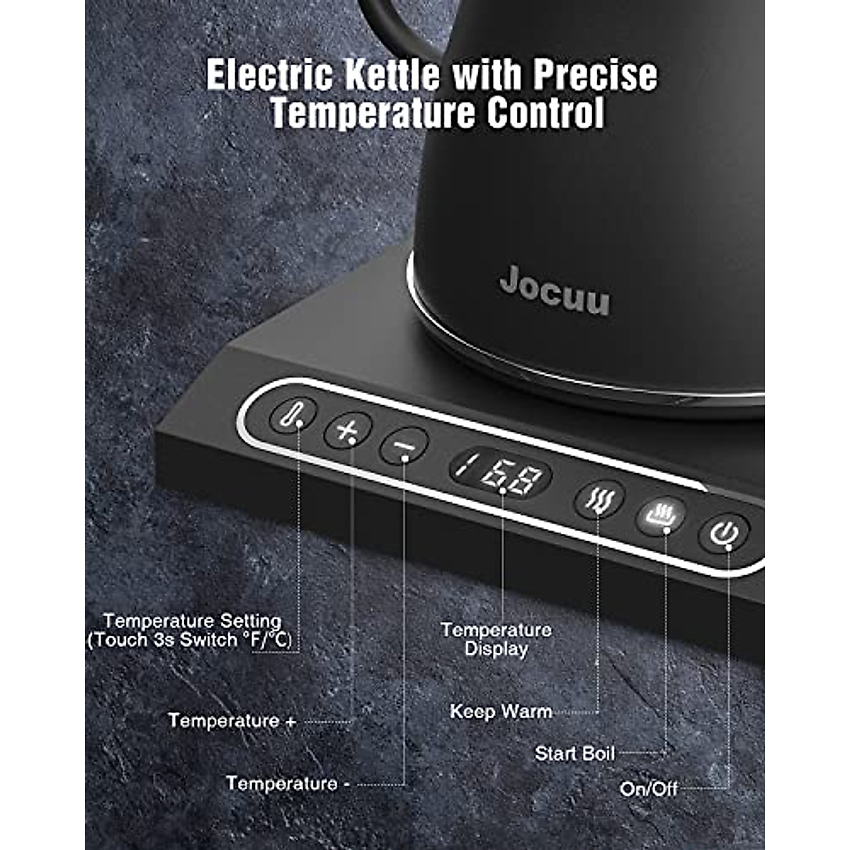 Jocuu Gooseneck Electric Pour Over Kettle with Temperature Control, Tea & Pour Over Coffee Kettle, Stainless Steel, Auto Shutoff Boil-Dry Protection, 0.8L, Matte Black