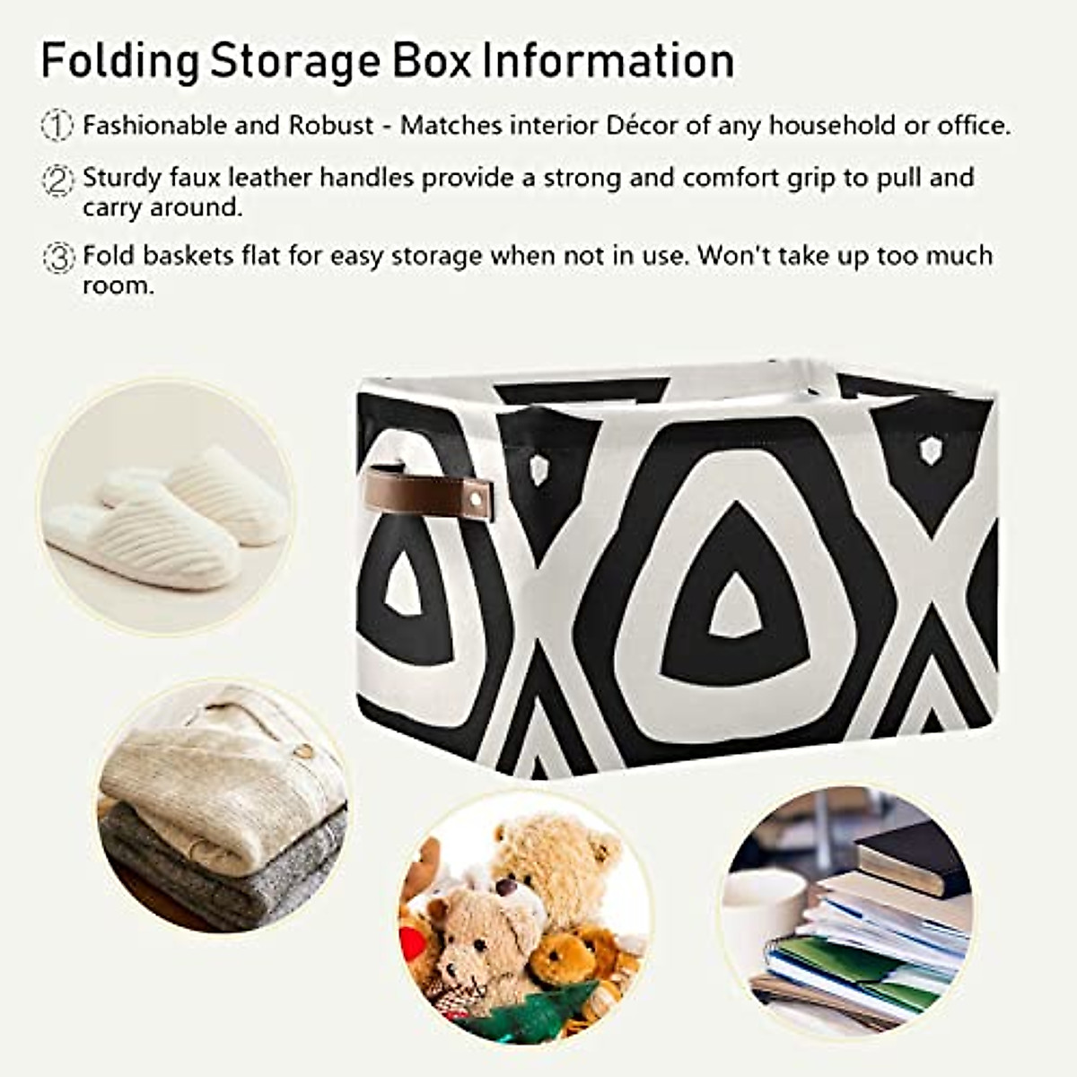 Large Foldable Storage Basket Bohemian Black Flower Storage Bin Canvas Toys Box Fabric Decorative Collapsible Organizer Bag with Handles for Bedroom Home