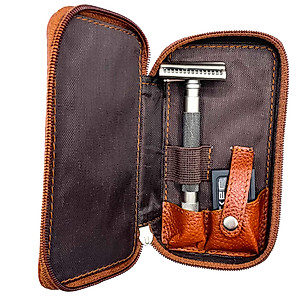 Parker Genuine Leather Double Edge Safety Razor Zippered Travel Case - Holds Safety Razor and Blade Pack