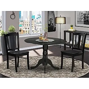 East West Furniture DLDL3-BLK-W 3 Piece Dining Room Furniture Set Contains a Round Kitchen Table with Dropleaf and 2 Dining Chairs, 42x42 Inch, Black