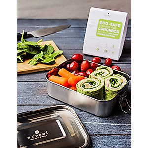 ecozoi Stainless Steel Lunch Box, Leak Proof Metal Bento Box with 3 Compartments, 35 Oz Bento Box, BPA Free Meal Prep Food Container | Bonus 50 ml Sauce Container
