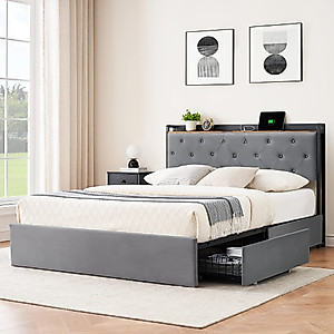 Amyove Queen Bed Frame with 4 Storage Drawers and Charging Station,Grey Queen Upholstered Bed Frame with Storage Headboard No Box Spring Needed Noise-Free (Queen)