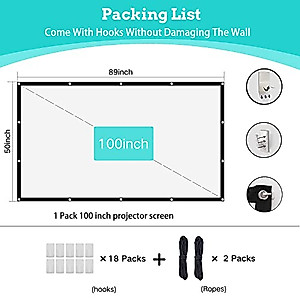 100 Inch Front and Rear Projector Screen, Simple Hangable Movie Screen with Hooks, Ropes, Portable Office Indoor & Outdoor Video Projection Screen