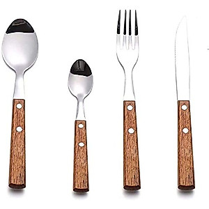 HAPPY KIT Flatware Set, Wooden Spoons Silverware Set for 4 Premium 18/8 (304) Stainless Steel Cutlery Set Wooden Dinner Knife Dinner Fork Dinner Spoon Set 16-Piece (4 Sets)
