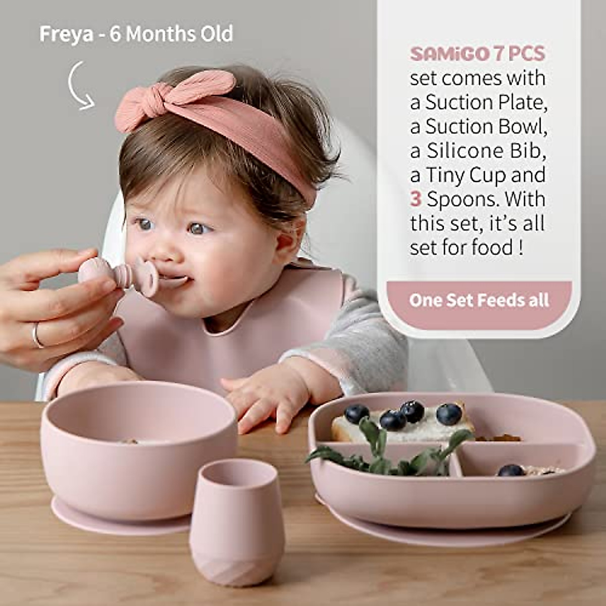 SAMiGO Baby Led Weaning Supplies - Silicone Baby Feeding Set - Suction Bowl Divided Plate Bib Cup Self Feeding Spoons - Toddler Baby Dish Set - First Stage Solid Food Eating Utensils - 6+ Months