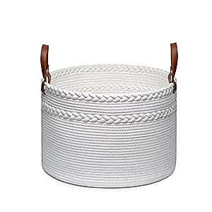 Rhen Studio - Large White Woven Storage Basket - Dual Braided - Leather Handles - 21" x 21" x13" (Cotton, White)
