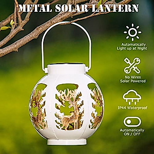 KINDDOG Solar Lanterns Outdoor, Reindeer Chrismas Metal Garden Lanterns Decor Hanging-Patio Decorations Waterproof 2 Pack (Reindeer)