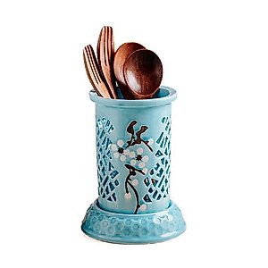 Ceramic Cooking Utensil Holder Spatula Crocks Countertop Organizer Vintage Farmhouse Kitchen Decor Caddy for Home Kitchen Easy to Clean (Blue)