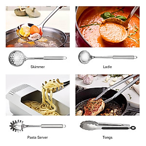 Abodpove Stainless Steel Cooking Utensils Set - 11pcs Kitchen Utensils Set with Holder for Cooking, Stainless Steel Utensils Set with Potato Masher, Skimmer, Spoons, Turners, Whisk, Tongs