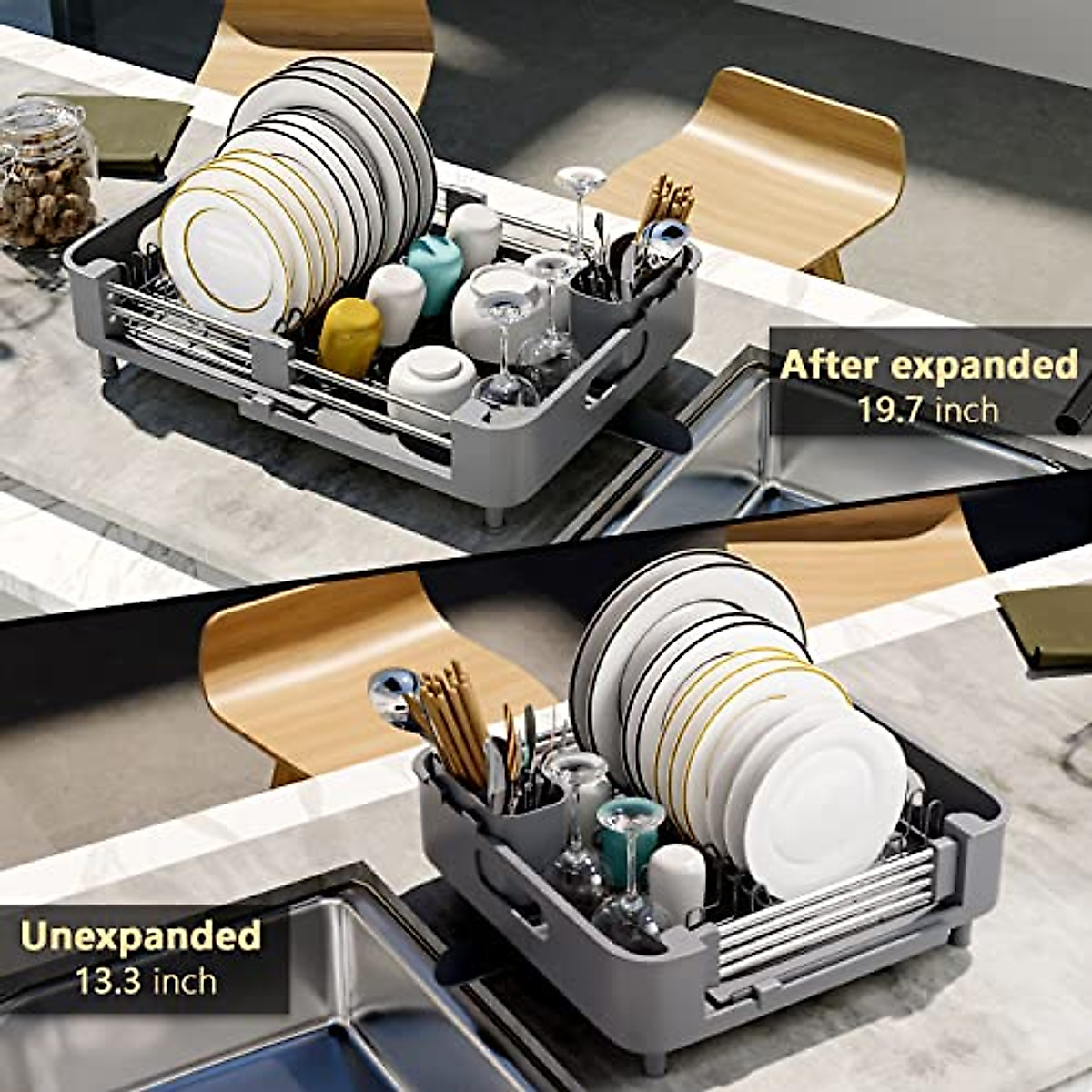 Genteen Dish Drying Rack, Large Dish Drying Rack with Drainboard, Stainless Steel Drying Rack for Kitchen Counter with Swivel Spout Utensil Holder