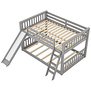 GLORHOME Full Over-Full Wood Bunk Bed with with Convertible Slide and Ladder, Solid Slat Support Bedframe for Kids Teens Bedroom, No Box Spring Needed, Grey