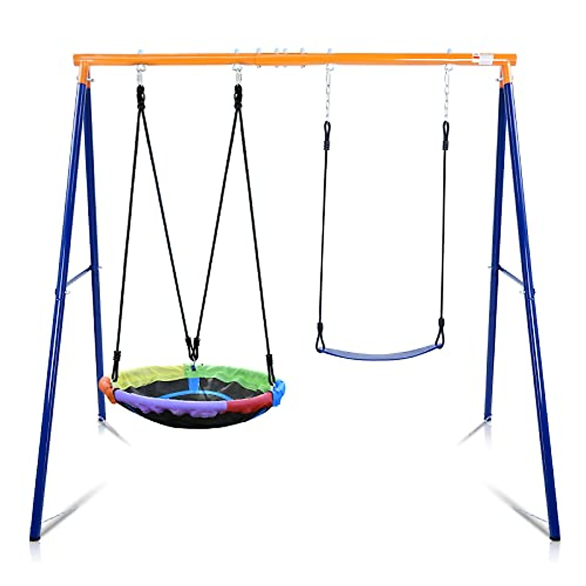 Swing Set for Backyard, 440lbs, Heavy-Duty A-Frame Metal Outdoor Stand, 1 Saucer Swing Seat & 1 Swings Seat