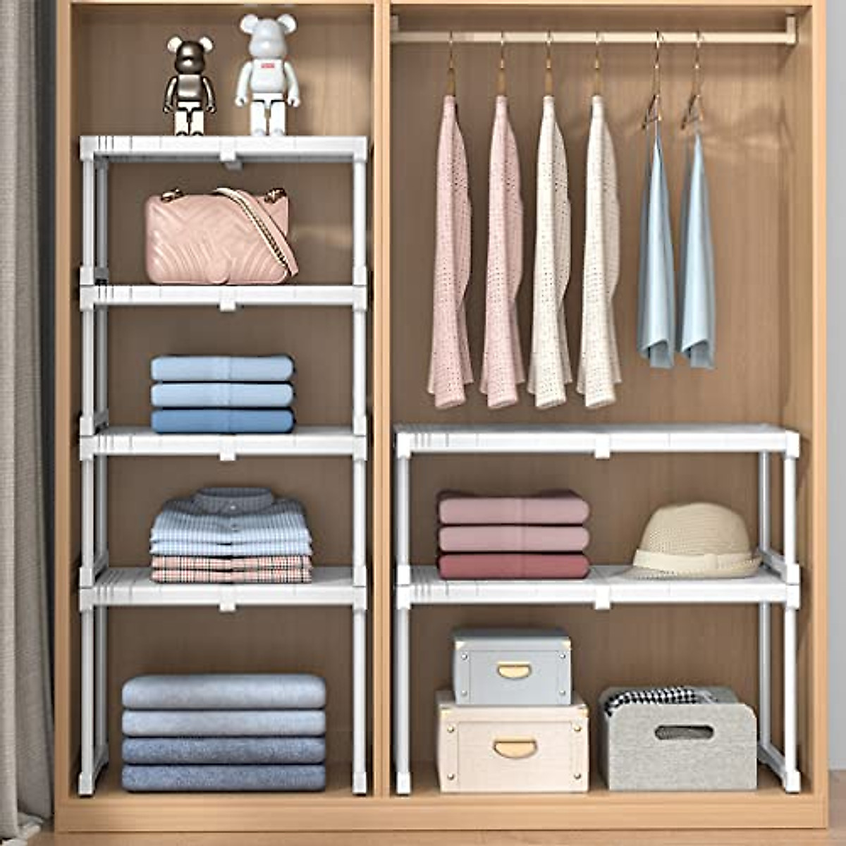 LIYIVNAA Stackable Closet Shelf Expandable Clothes Storage Rack Pantry Cabinet Organizer Wardrobe Divider Separator Stand Shoe Racks for Bathroom, Kitchen, Bedroom, Entryway - White