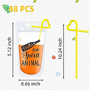 48pc Drink Pouches with Straws, Stand-Up Plastic Drink Pouches for Adults Bags with Zipper Party Beverage Bags Juice Pouches for Smoothie, Cold & Hot Drinks with 48 Drink Straws(48 Sets,6 Styles)