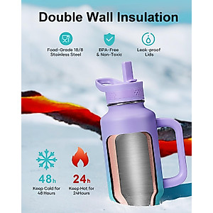 BUZIO Insulated Water Bottle with Handle & Flip Straw, 40oz Metal Travel Tumbler Fits in Cup Holders, Dishwasher Safe Leakproof Sport Thermos, Gift for Him&Her, Keep Cold for 48hrs, Dark Purple Green