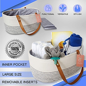 PeachyKehn Rope Baby Diaper Caddy Organizer – Trendy Nursery Storage Bin – Large Woven Cotton Tote with Removable Inserts and Eco Leather Handles – Baby Car Organizer or Shower Gift Basket