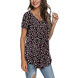 Netsmile Womens Summer Casual Short Sleeve Shirt for Leggings Pleated Button Up Tunic Top Loose Blouse, 2XL, Little Flower Black