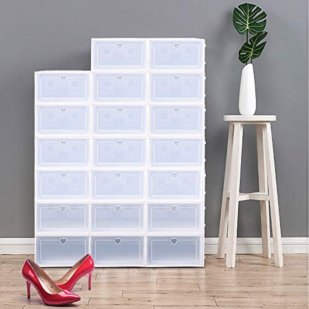 GDAE10 20pcs White Clear Shoe Boxes Stackable, Plastic Boxes with Flip Cover Lids Heart Hole Foldable Storage Men Women Large Organizer Rack Bench Home Bedroom Cabinet Closet Office