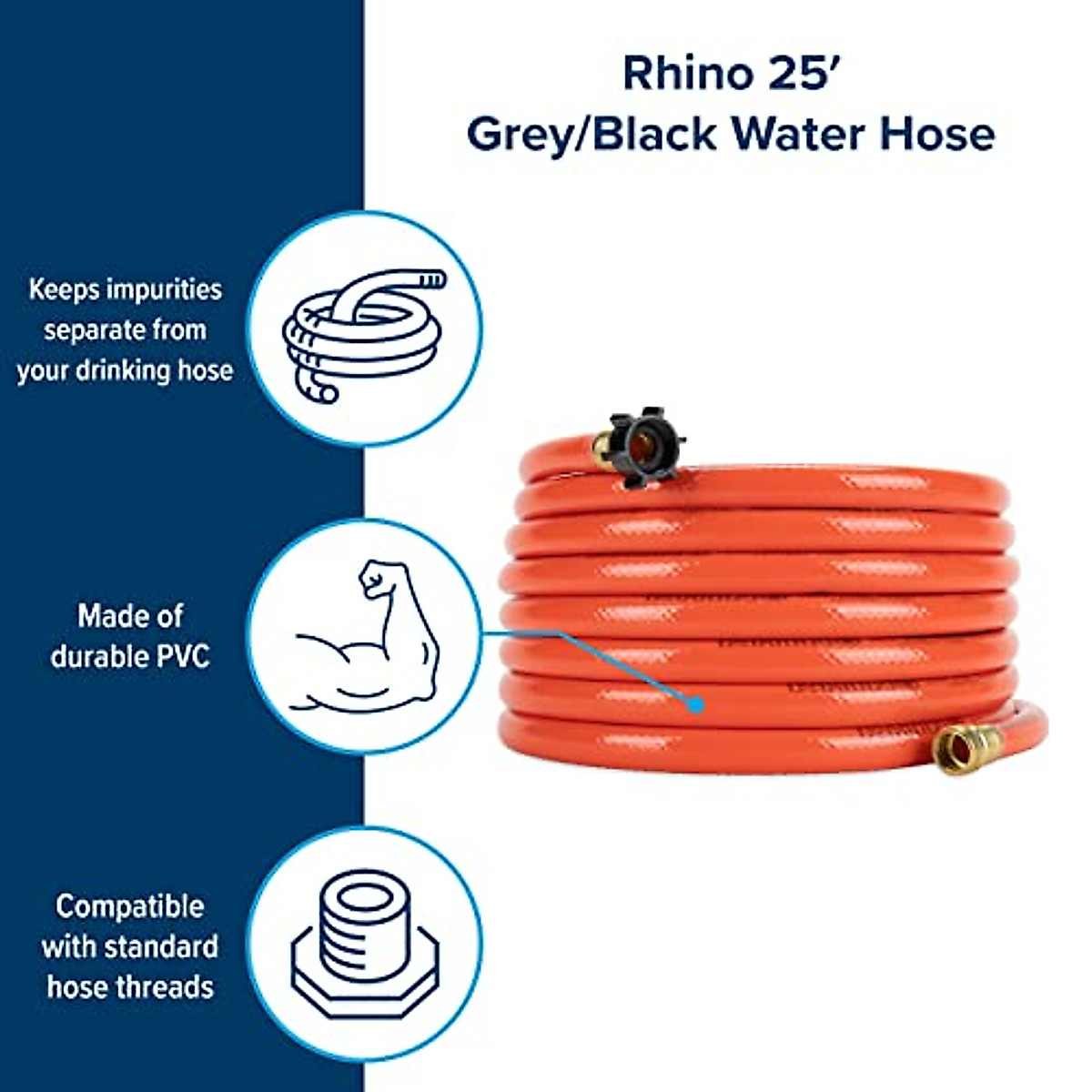 Camco Rhino 25Ft Clean-Out Camper & RV Black Water Hose - Features a Heavy-Duty PVC Design & Bright Orange Color - Clean-Out Camper Black Water, Grey Water or Tote Tanks - 5/8” Inside Diameter (22990)