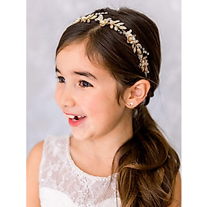 SWEETV Flower Girl Hair Accessories for Wedding Headpieces Flower-Leaf Girls Headband Princess Crystal Pearl Hair Pieces for Birthday Party, First Communion