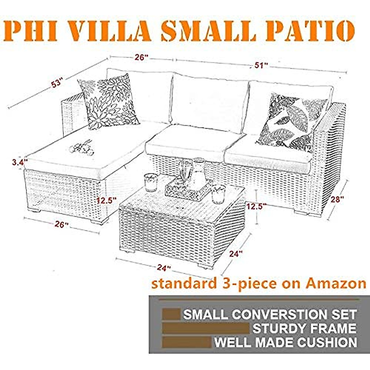 PHI VILLA 77" Wide Outdoor Rattan Sectional Sofa with Cushions - Small Patio Wicker Furniture Set (3 - Person Seating Group, Blue)