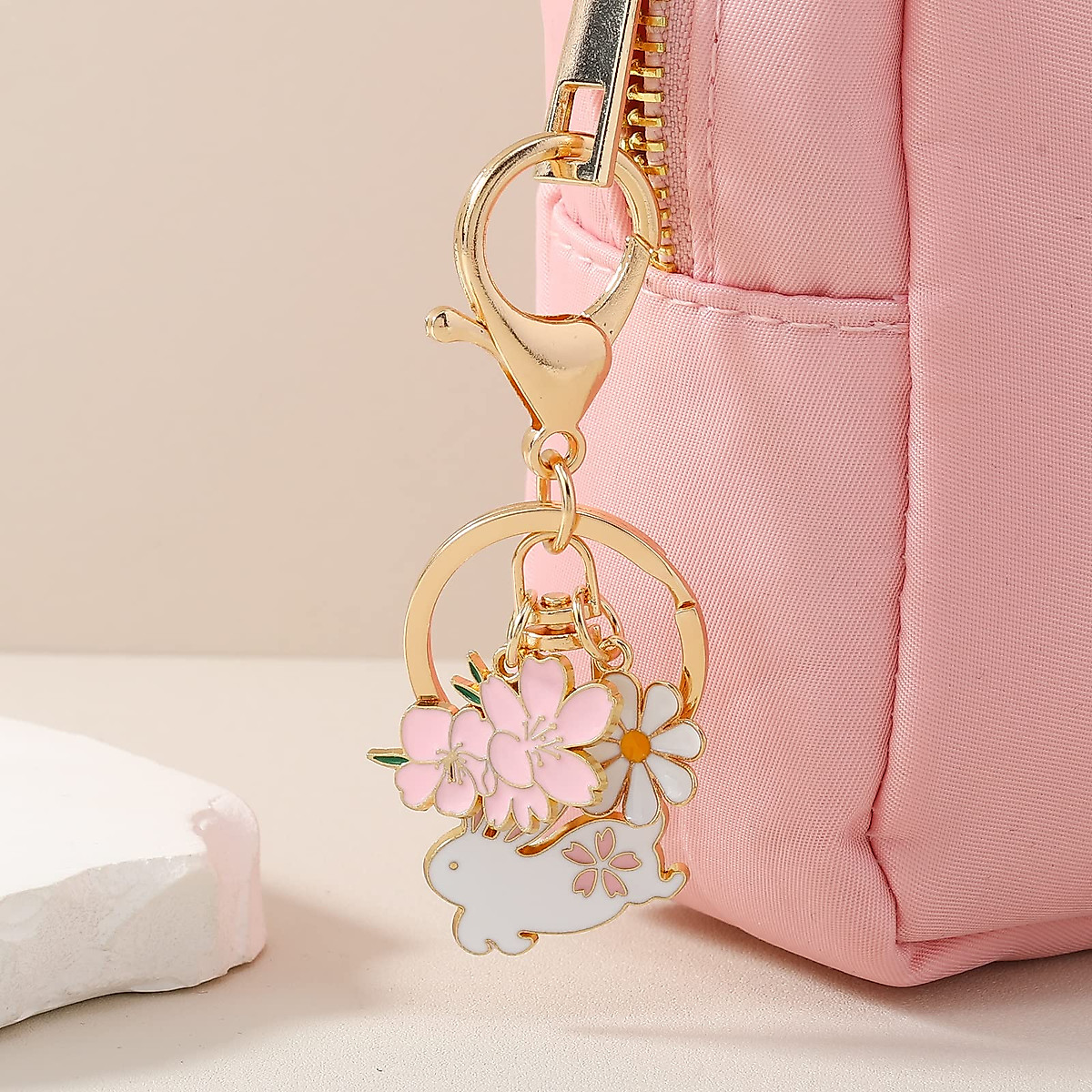 HEYU Cute Keychain for Girls 2PCS Kawaii Aesthetic Accessory Key Chain For Women Cartoon Airpod Backpack Charm Keyring Gifts (Pink Rabbit Cat)