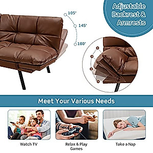 KOMFOTT Futon Sofa Bed, Faux Leather Memory Foam Convertible Futon Couch with Adjustable Backrest & Armrests, Metal Legs, Modern Loveseat Sleeper Bed Split-Back Sofa for Small Apartment & Office