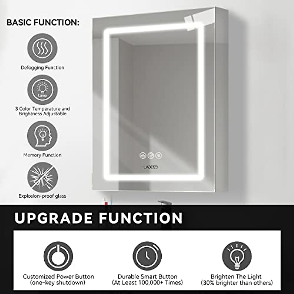 LADEED 26 x 20 Inch Led Medicine Cabinet Outlet, Lighted Medicine Cabinets for Bathroom with Mirror, Recessed or Surface Wall Mounted, Defogger, Dimmer, Glass Door Cabinet with Single Door