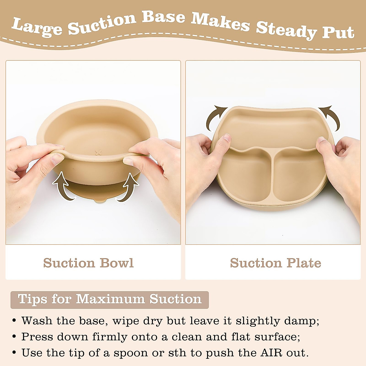 Silicone Baby Feeding Set, Baby Led Weaning Supplies with Suction Bowl Divided Plate, Toddler Self Feeding Dish Set with Spoons Forks Sippy Cup Adjustable Bib, Eating Utensils for 6+ Months(Khaki)