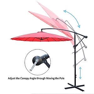LUCKYERMORE 9ft Offset Hanging Market Patio Umbrella 18 Ribs Easy Tilt Adjust for Patio Backyard, Garden, Poolside and Beach, Red