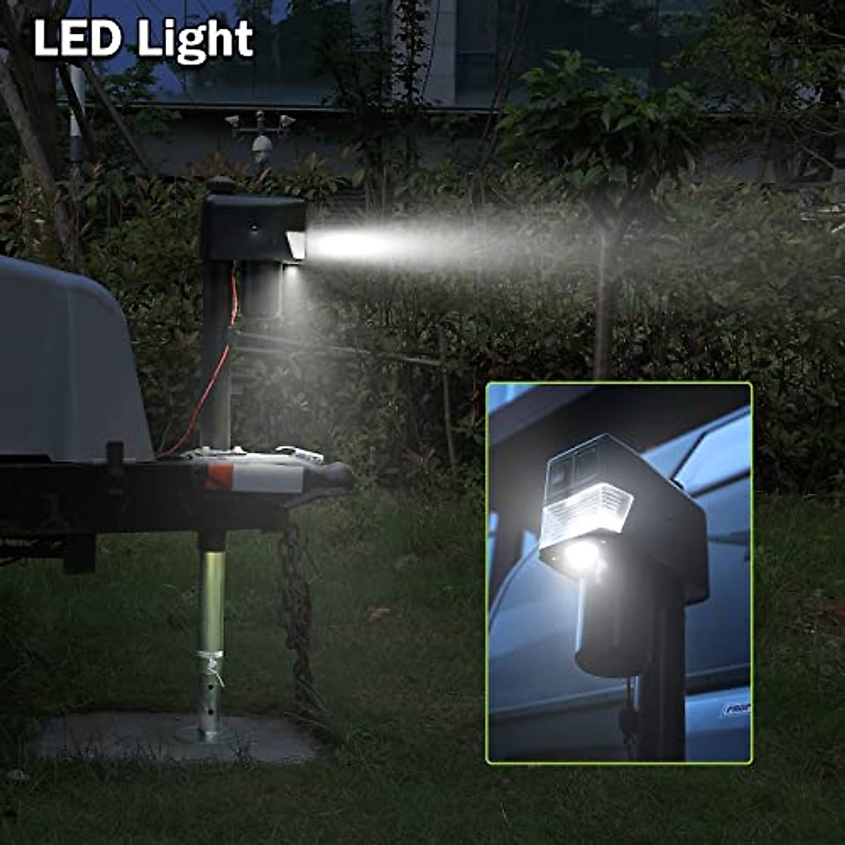 RVMATE Electric A-Frame Trailer Jack up to 3500lbs Heavy Duty RV Electric Power Tongue Jack with Accessories Manual Crank Handle and Level, 18" Lift, 12V DC and Bright LED Lights, Black