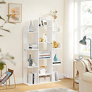 VASAGLE Bookshelf, Tree-Shaped Bookcase with 13 Storage Shelves, Rounded Corners, 9.8”D x 33.9”W x 55.1”H, White ULBC067W01