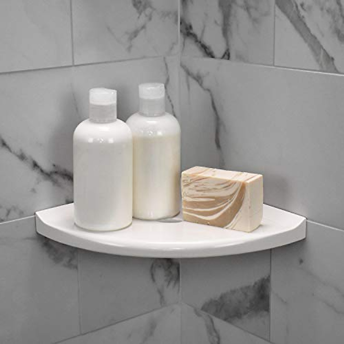 Questech Décor 8 Inch Corner Shower Shelf and 5 Inch Shower Caddy Foot Rest, Metro Lugged Back for New Construction, Mounted Bathroom Shower Organizer, White Polished