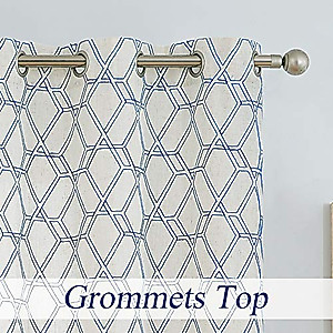 WEST LAKE Boho Geometric Semi Sheer Curtain Panels 84 Inch Blue Beige Natural Bohemia Geometric Embroidery Contemporary Lattice Grommet Farmhouse Window Treatment Drapes Living Room Bedroom 40”x84”x2