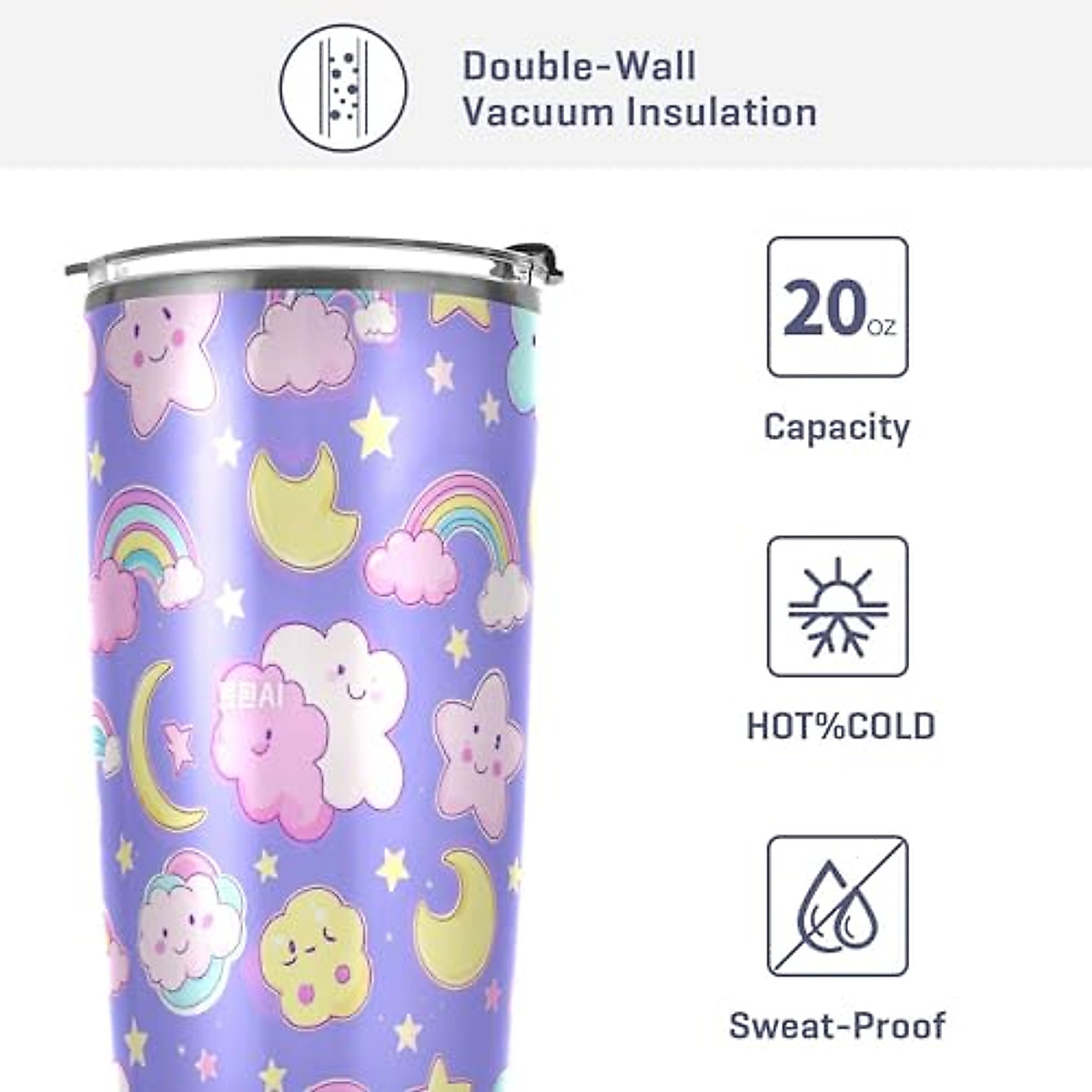 HXshaoye cute cartoon rainbow star purple peach Stainless Steel vacuum insulated water bottle with Lid and Straw travel coffee mug with lid for travel insulated coffee tumbler botellas