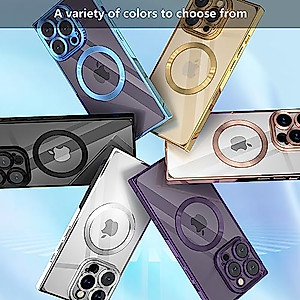 KSWOUS Magnetic Clear for iPhone 14 Pro Max Case Square, Luxury Plating Transparent Shockproof MagSafe Case with Full Camera Lens Protector for Women Girls Phone Case for iPhone 14 Pro Max-Purple