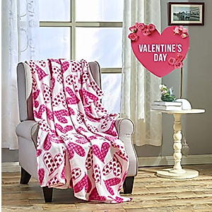 Large Heart Throw Blanket Soft Fleece White Blanket with Pink Hearts for Kids Adults Use on Couch Sofa Bed 50 x 60