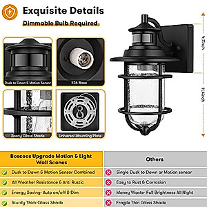 Set of 2 Motion Sensor Outdoor Wall Lantern Dusk to Dawn Waterproof Exterior Wall Sconce with Seeded Glass Black Wall Mount Light Fixture for Porch Doorway Garage, E26 Socket, Motion Activated