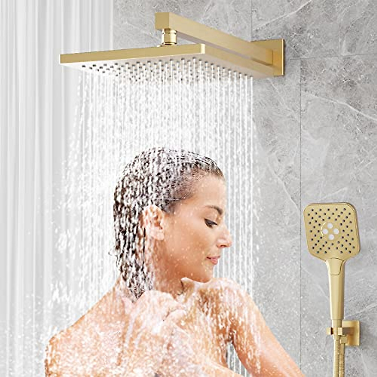 Gabrylly Shower System with Tub Spout, Wall Mounted Shower Faucet Set for Bathroom with High Pressure 10" Rain Shower head and 3-Setting Handheld Shower Head Set,Brushed Gold