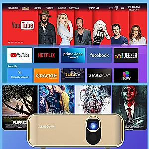 AMOOWA Mini Projector with WIFI and Bluetooth for iphone , 200ANSI DLP Mini Pocket Pico Projector - Built in Rechargeable Battery & Speaker, 1080P Support Portable Wireless LED DLP Movie & Video Gold