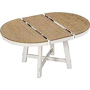 Dinehome 5-Piece Farmhouse Wooden Round Extendable Dining Table Set with 4 Upholstered Chairs, Oak Natural Wood + Antique White