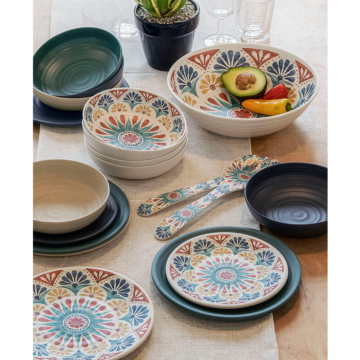 TarHong Planta Artisan Solids Low Bowl, Planta (Majority Plant Based with Melamine Binder), Shatterproof, Indoor/Outdoor Entertaining, Matte Teal, Set of 6