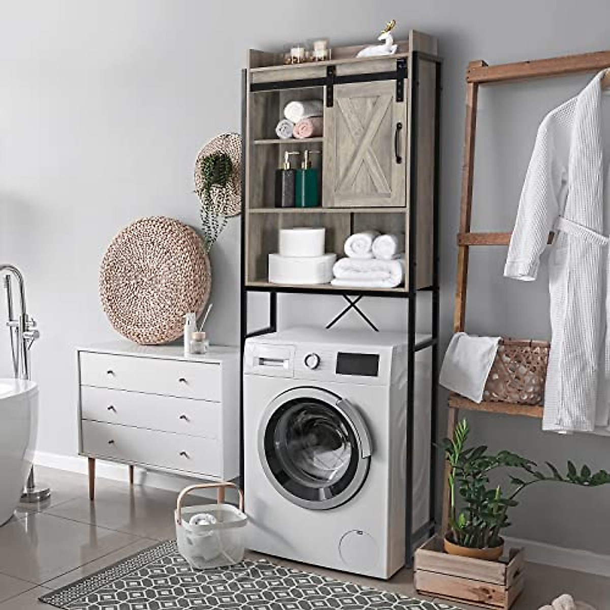 VINGLI Rustic Over-The-Toilet Storage Cabinet, Farmhouse Sliding Barn Door Bathroom Rack Space Saver Oragnizer w/Adjustable Shelves and Steel Frame (Wash Grey)