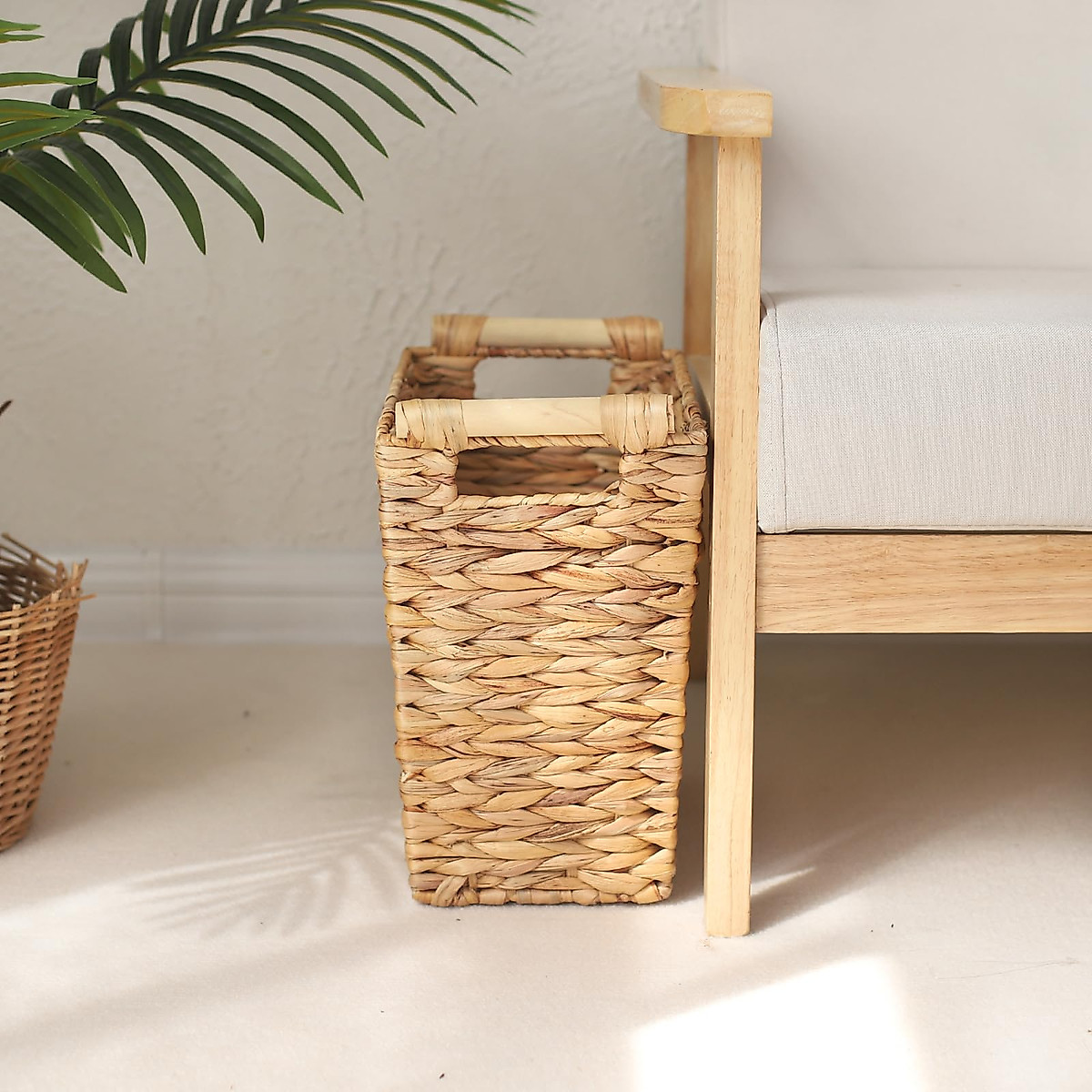 KINGWILLOW Wicker Waste Basket with Wood Handles, Woven Water Hyacinth Trash Can for Sundries Bedroom Bathroom Office