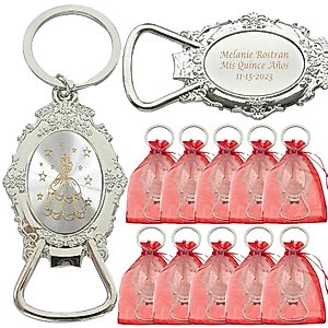 Personalized Quinceañera Bottle Opener Keychain Favor (12 PCS) - Engraved Metal Key Ring/ Sweet 15 Mis Quince 18 Birthday Sweet Sixteen Customized Gift