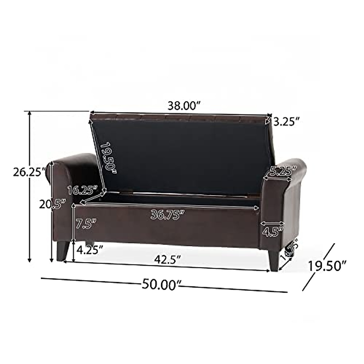 Christopher Knight Home Keiko Contemporary Rolled Arm Storage Ottoman Bench, Brown and Dark, 19.75" D x 50" W x 20.5" H